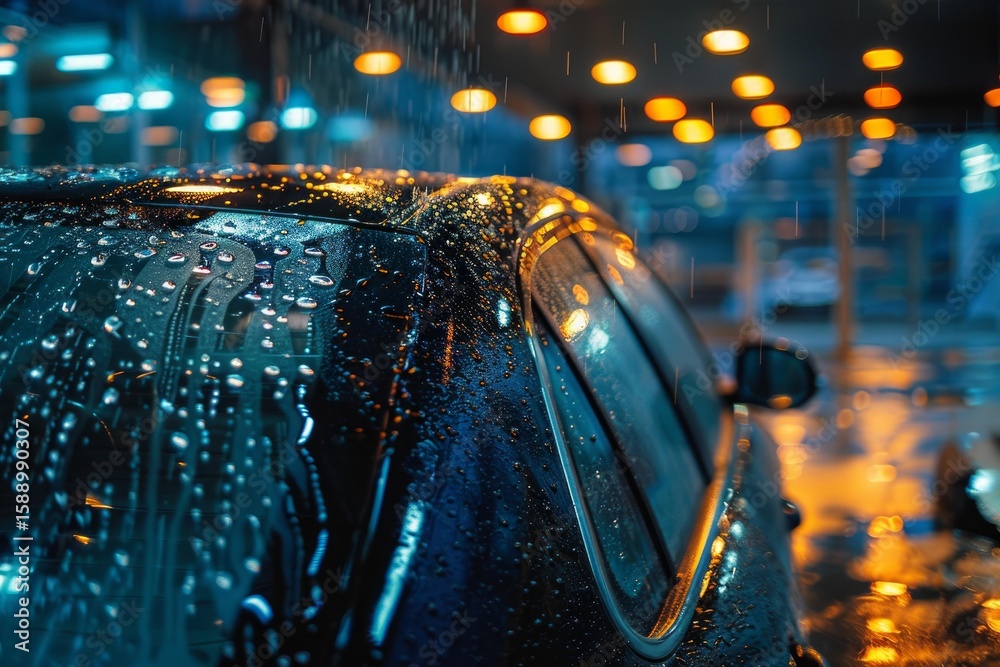 Water drops dripping on a dark car parked in a parking lot at night ...