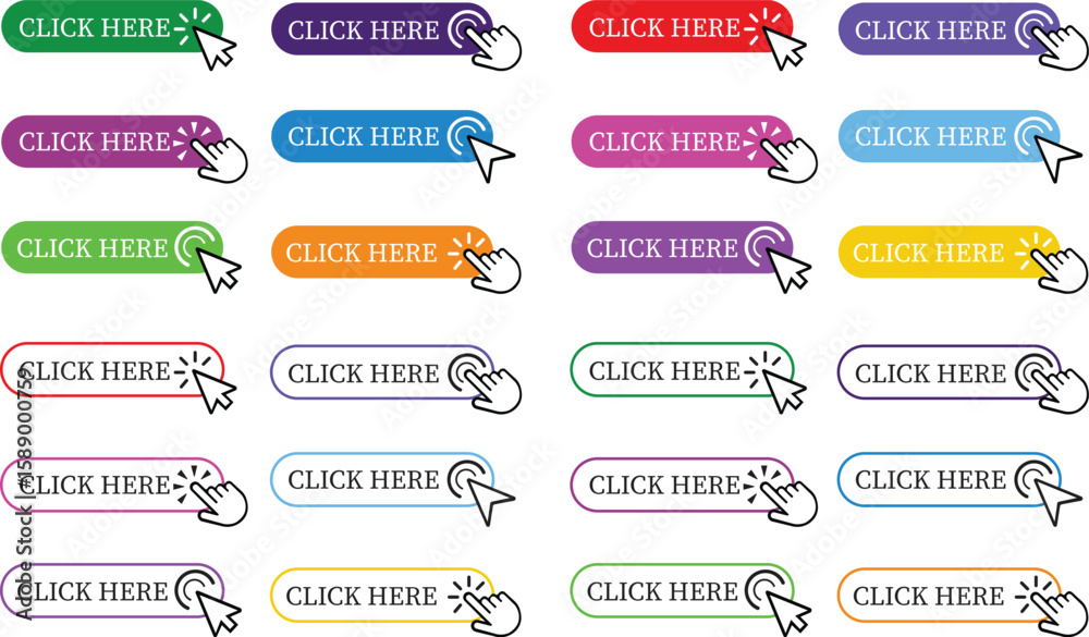 Click Here Button Icon set.Pointer Click button. Modern action button ...
