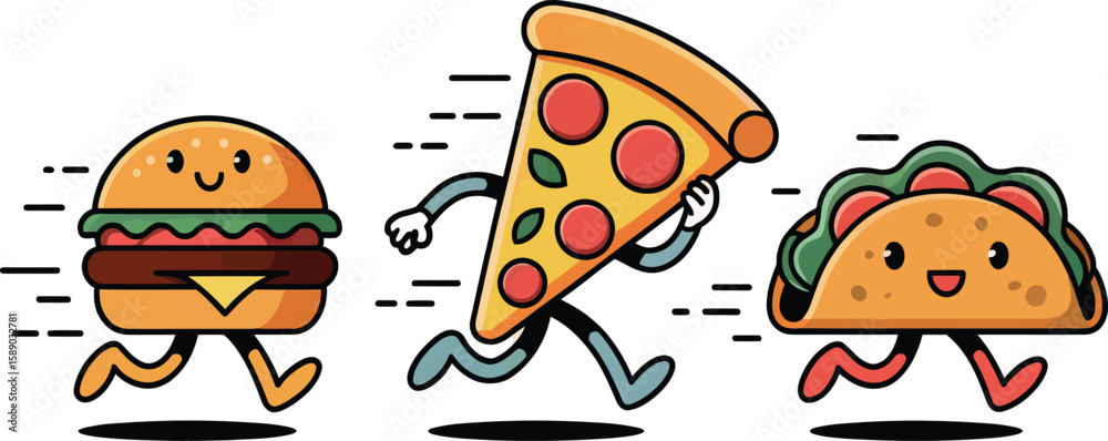 Running Fast Food Delivery: Animated Burger, Pizza, and Taco Characters ...