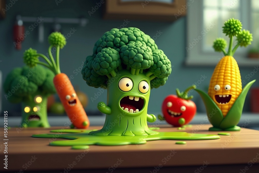 Ilustrace 3D monster vegetables gathering on the kitchen table, there ...