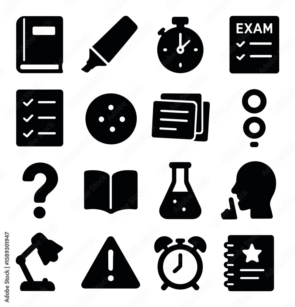 Exam preparation icon collection. study tools silhouette icons. book ...