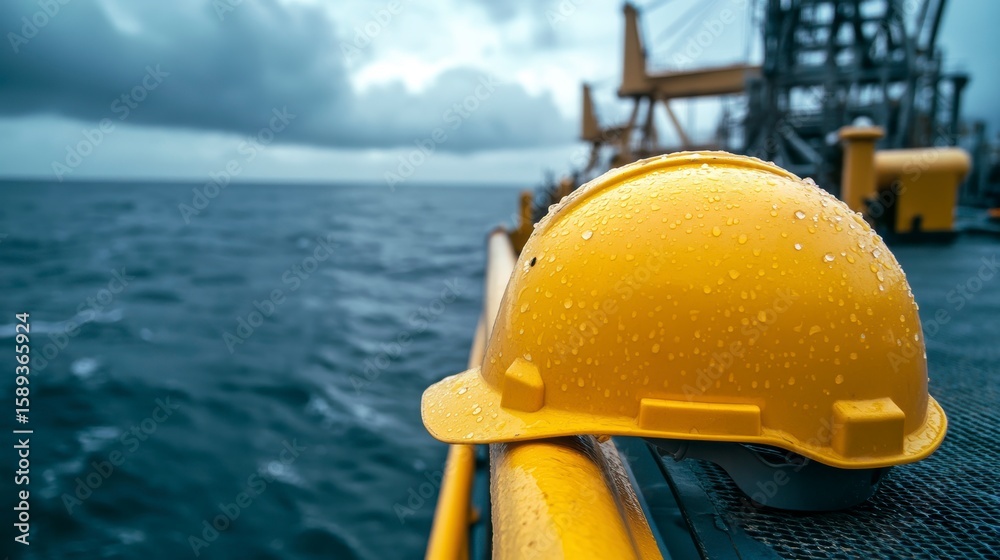 Yellow hard hat sits on railing of offshore oil rig platform during ...