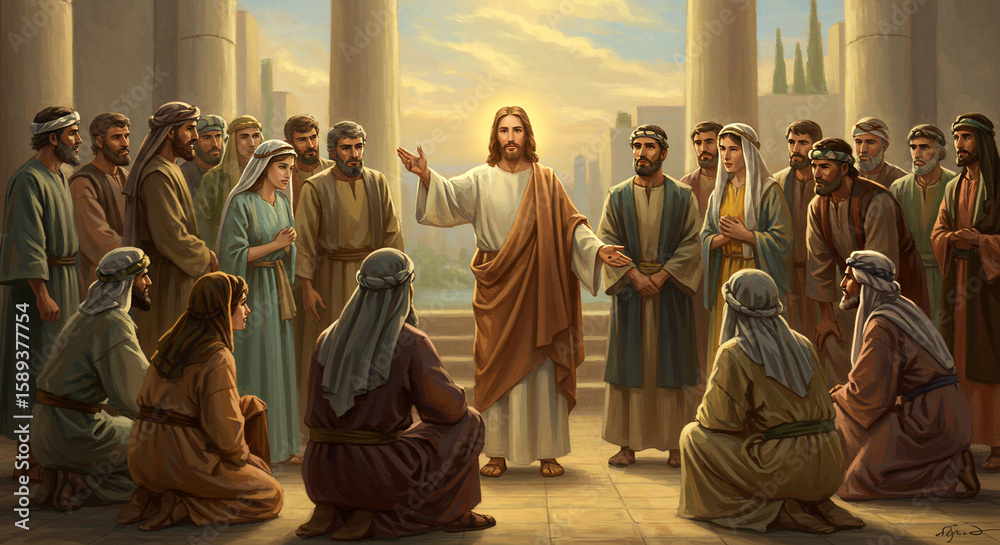 Jesus christ preaching to a crowd of people near pillars with a bright ...