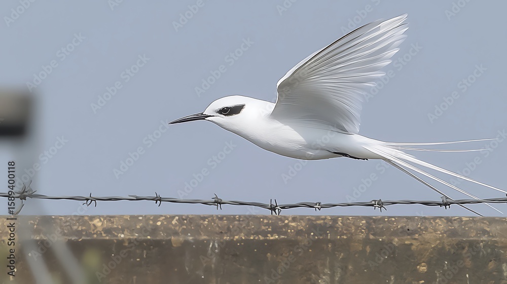 Lone bird soaring through clear blue sky, telephoto capture with ...
