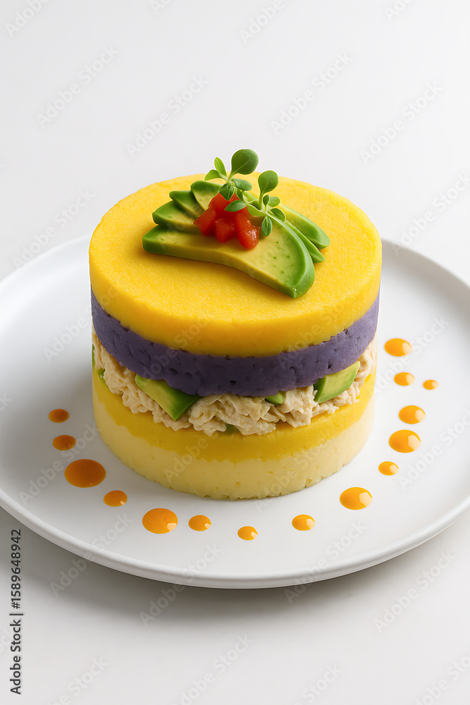Causa Limeña peruana tricolor. Traditional layered potato dish from ...