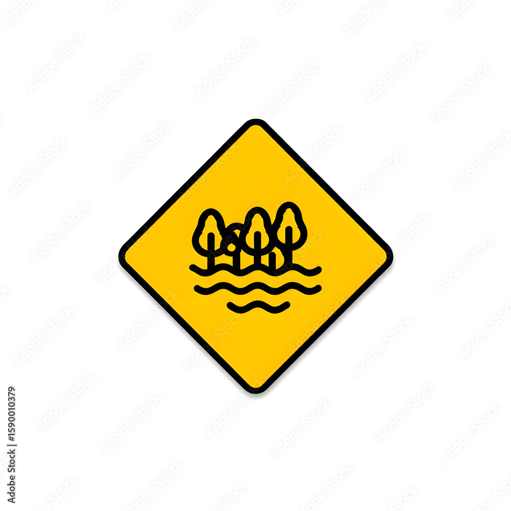Yellow flood warning sign with trees and water, depicting a potential ...