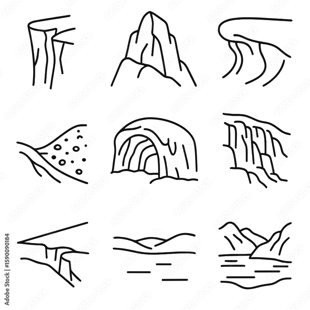 Glacial Icons. Line style icons of Glacial Landscapes: ice crevasse ...