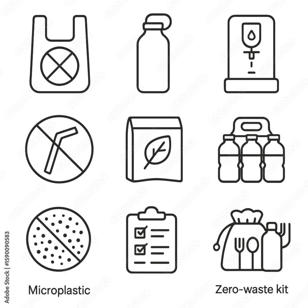 Plastic Waste Icons. Outline style icons of Plastic Waste Reduction ...