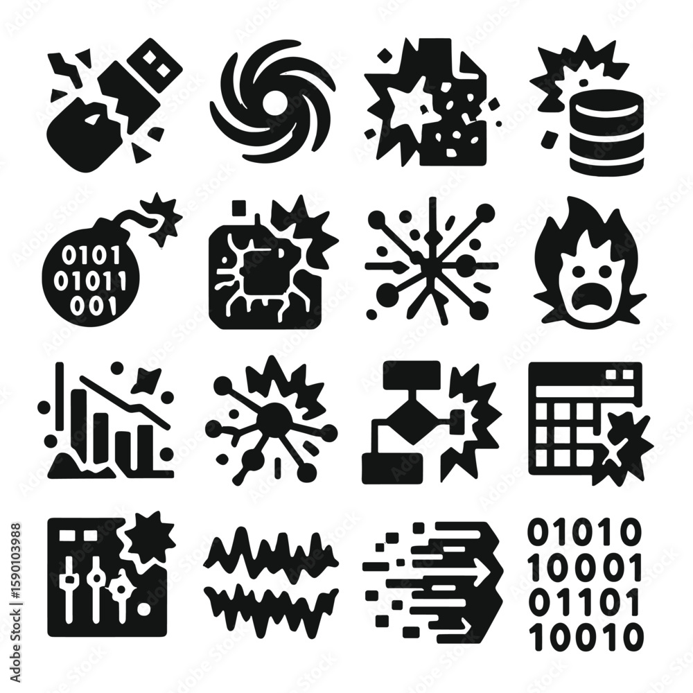Digital Chaos Icons. Solid style icons of data explosion: shattered USB ...