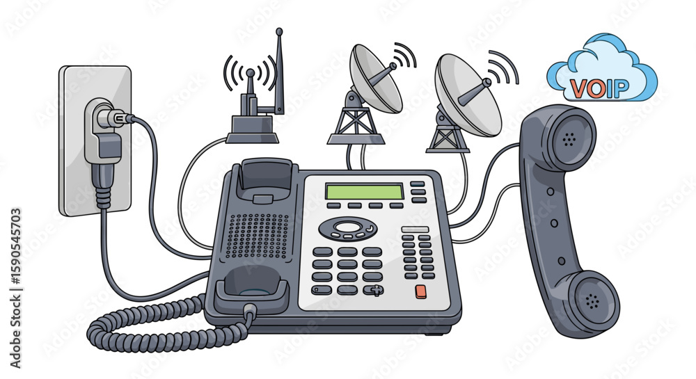 Illustration of a gray landline phone with antennas and voip cloud ...