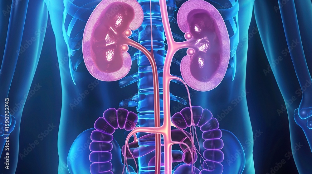 Anatomical view of a kidney showing its bean shape, renal cortex ...