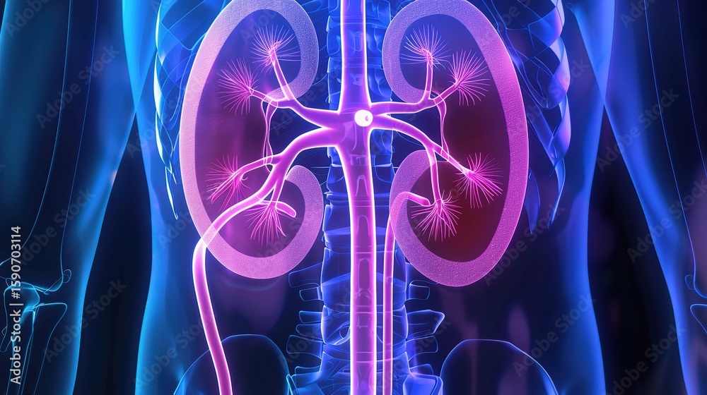 Anatomical view of a kidney showing its bean shape, renal cortex ...