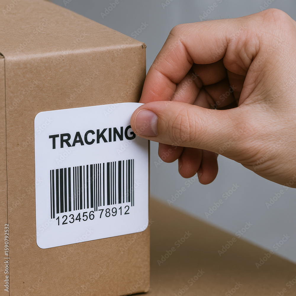 Hand placing tracking label with barcode on package for cross border ...