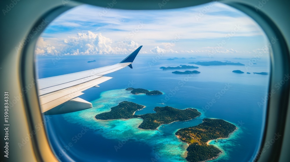 Aerial view from plane window, ocean and islands below, clear day ...