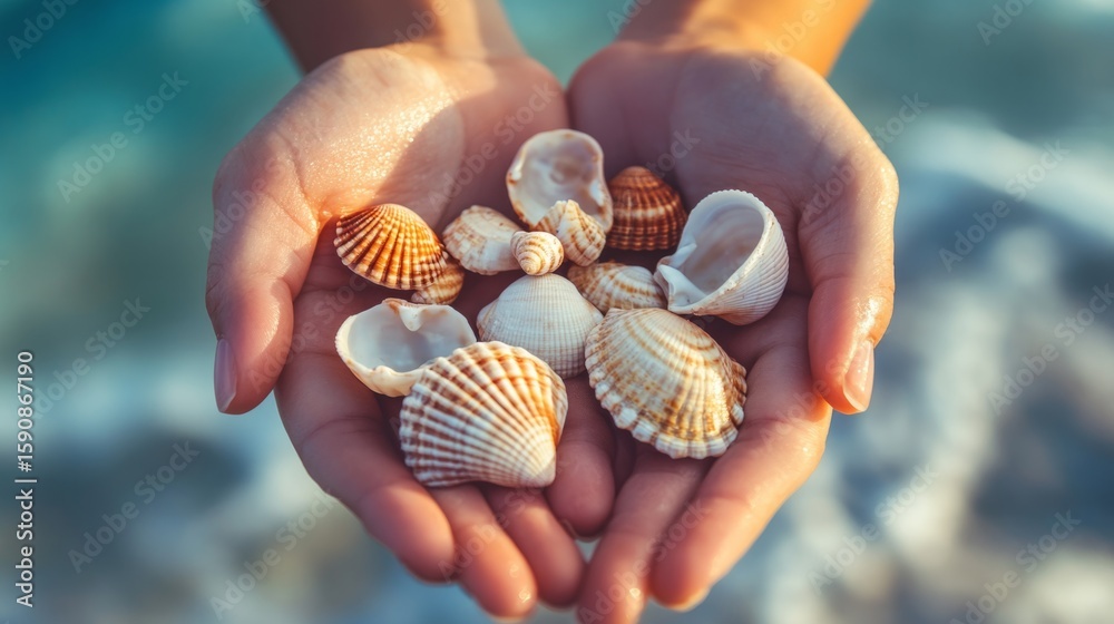 Hands holding seashells collected at a cruise ship stop, generative ai ...