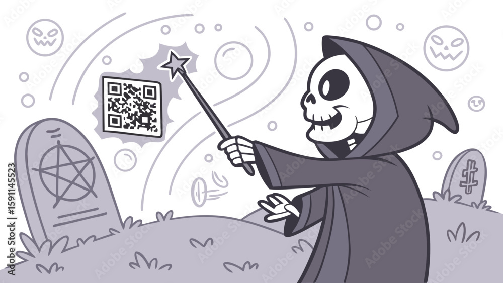 Image vectorielle Stock Cartoon grim reaper casts qr code spell in ...