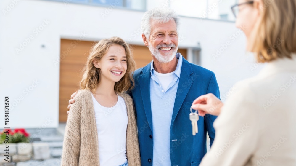 Fotografie Happy Family Receiving House Keys: A happy family, father ...