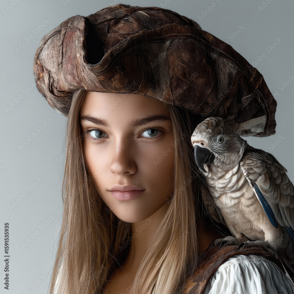 Young female pirate with long blonde hair and blue eyes wears brown ...
