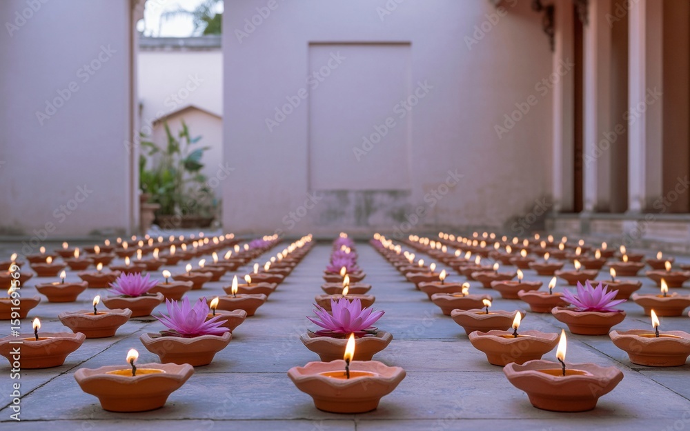 Asalha puja day, buddhist, Rows of Clay Diya Lamps and Pink Lotus ...