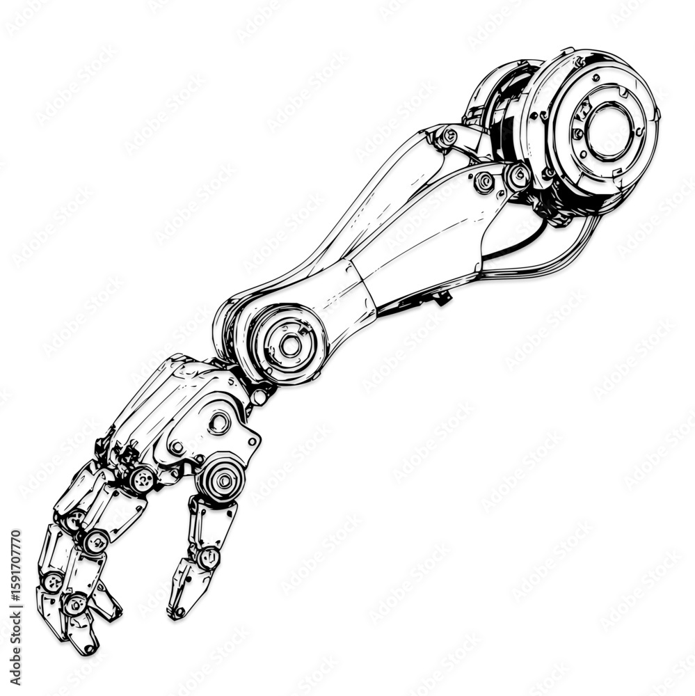 Detailed line art illustration of a mechanical arm with visible joints ...