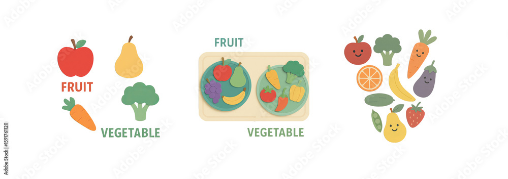 Playful educational illustration showing the difference between fruits ...