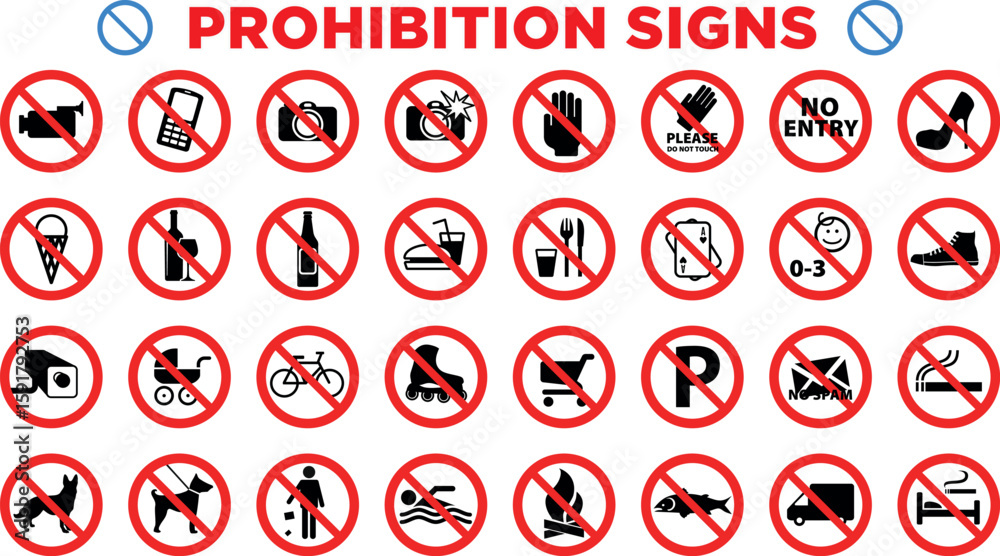 Flat Vector Icon Set of Common Prohibited and Forbidden Symbols, No ...