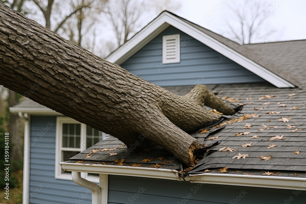 Large Tree Fallen on Blue House Roof Damage Emergency Disaster Scene ...