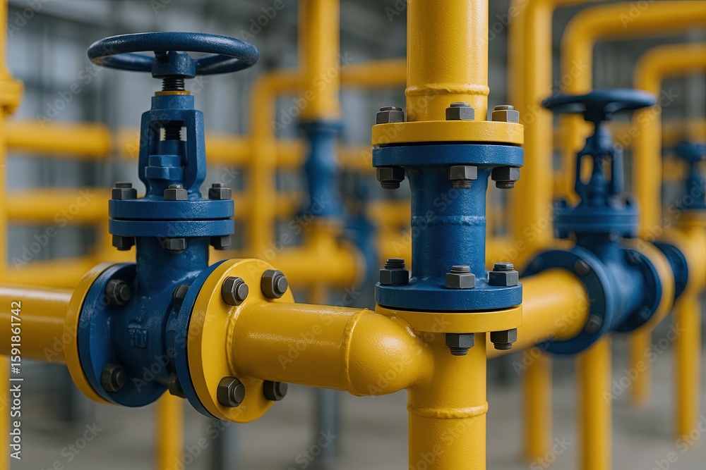 Industrial piping system with yellow and blue valves and fittings for ...