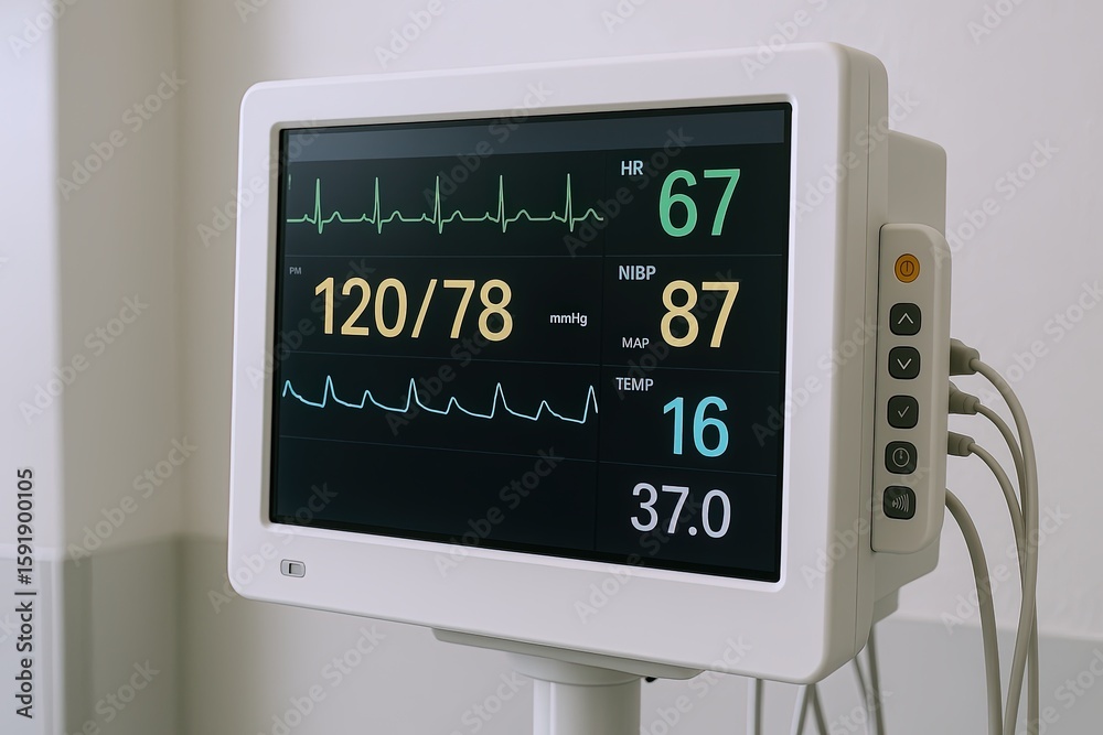 Medical monitor displaying vital signs including heart rate blood ...