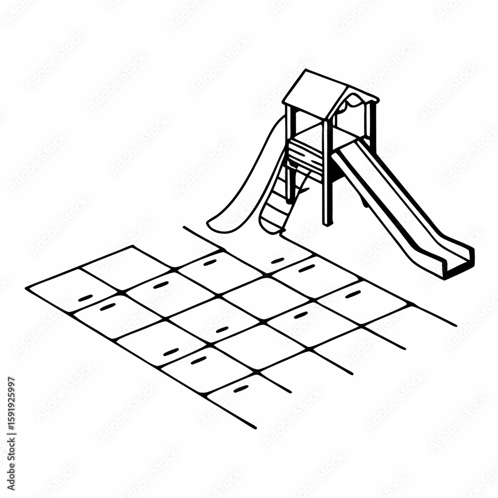 Isometric playground line art_ 3D-view sandbox, slide, and hopscotch ...