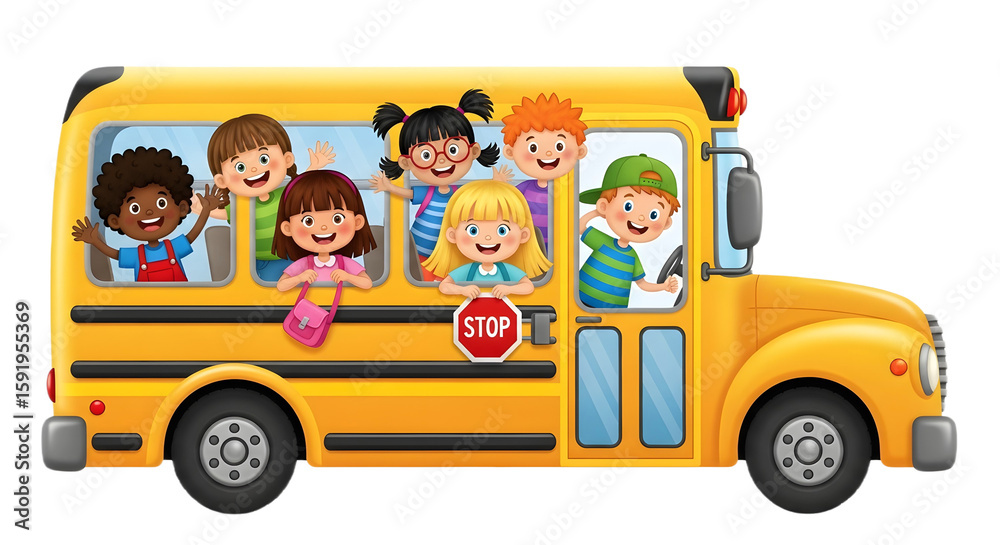 Illustration of a yellow school bus with children waving from the ...