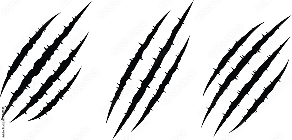 Three sets of four claw marks with sharp spikes on a white background ...