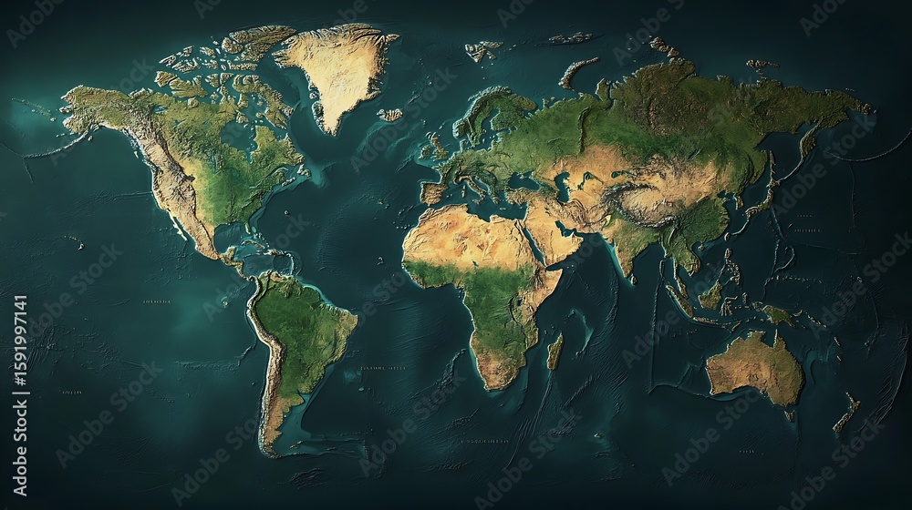 World Map Elevation Showing Continents and Oceans for Geography ...