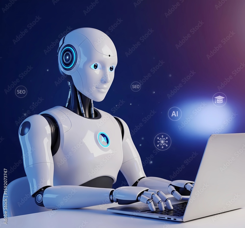 AI (Artificial Intelligence) Robot Working at Leptop . Machine Typing ...