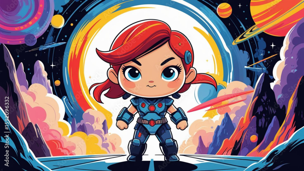 Cute Chibi Sci-Fi Heroine in Power Armor on a Cosmic Planet Background ...