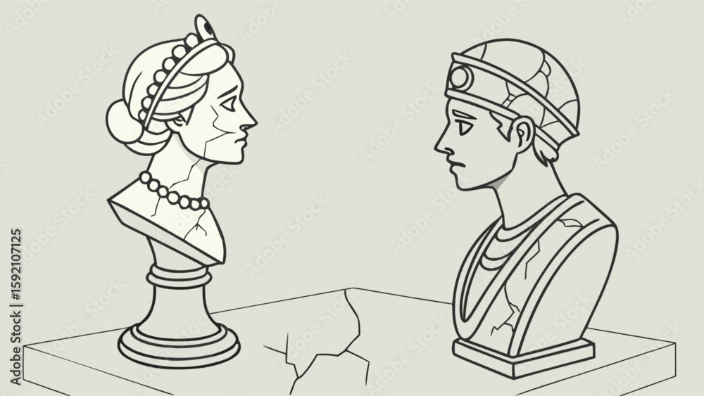 เวกเตอร์ Stock Broken statue of queen and king facing each other on ...