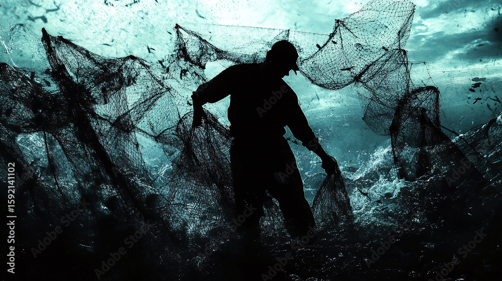 A fisherman’s silhouette blended with empty nets and overfishing ...
