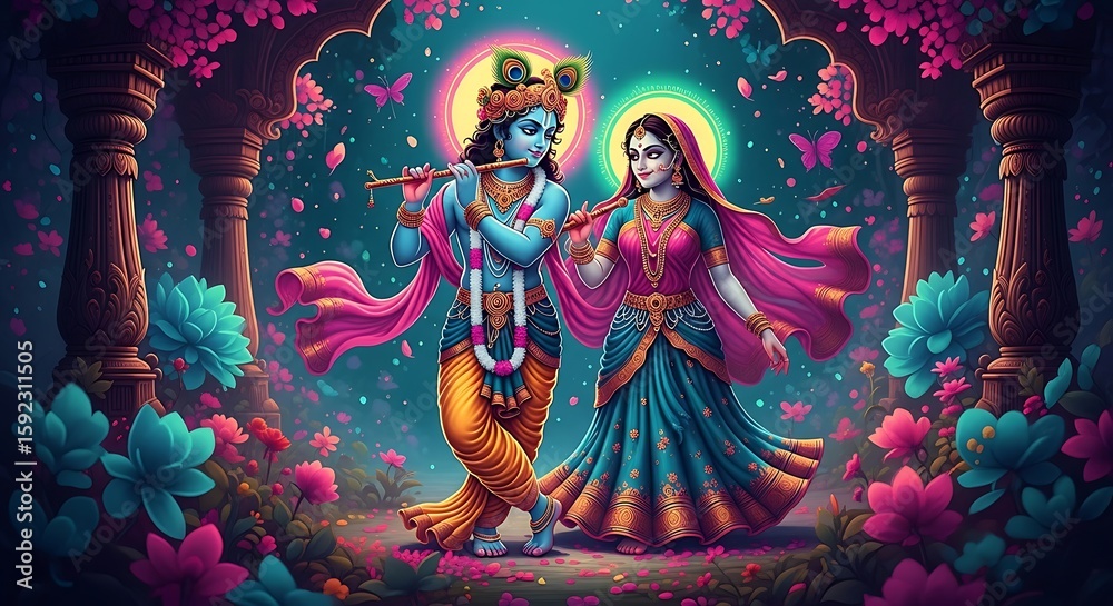 Krishna and Radha play flutes in a vibrant, colorful, and artistic ...