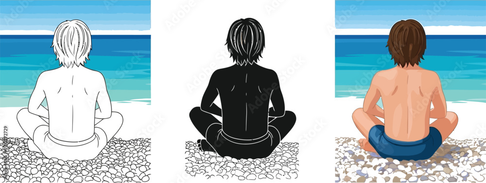 Stock-Vektorgrafik „Three illustrations showcase a young man sitting in ...