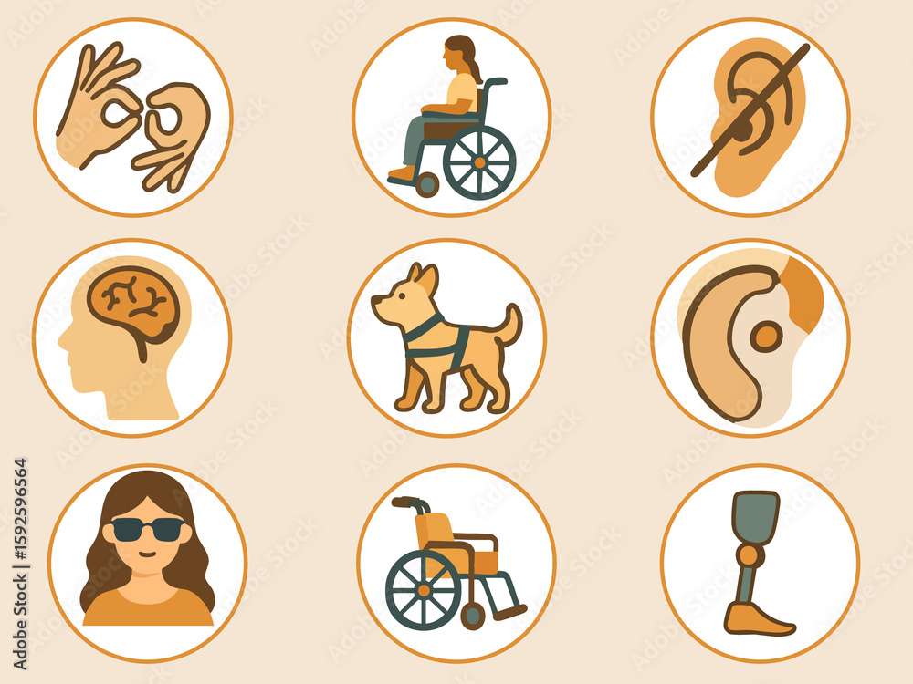 The image shows a set of disability icons, including a guide dog ...