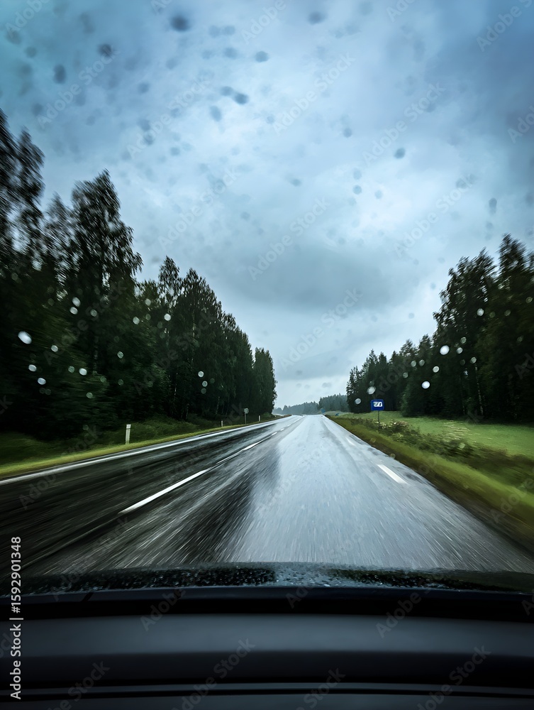 Cinematic Roadway Under Rain-Streaked Windshield – Immersive Highway ...