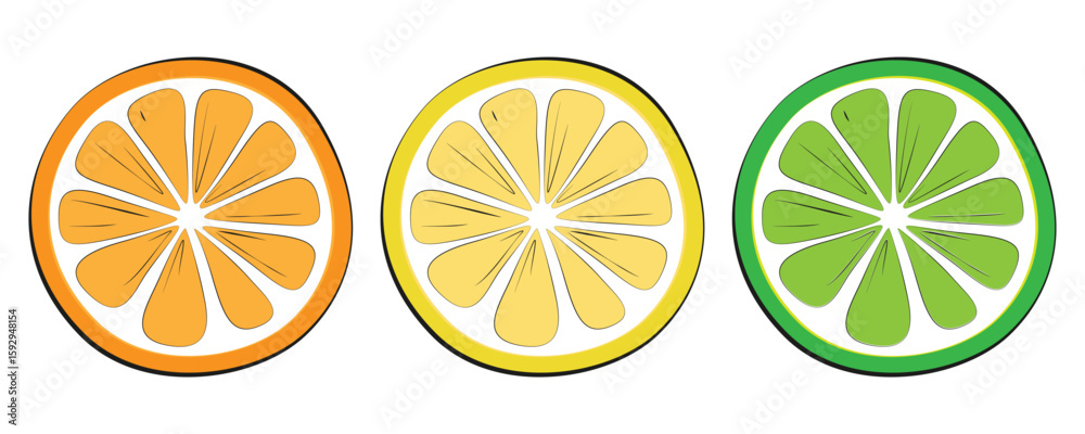 Lemon, lime, orange slice. Citrus fruits set. Vector cartoon ...