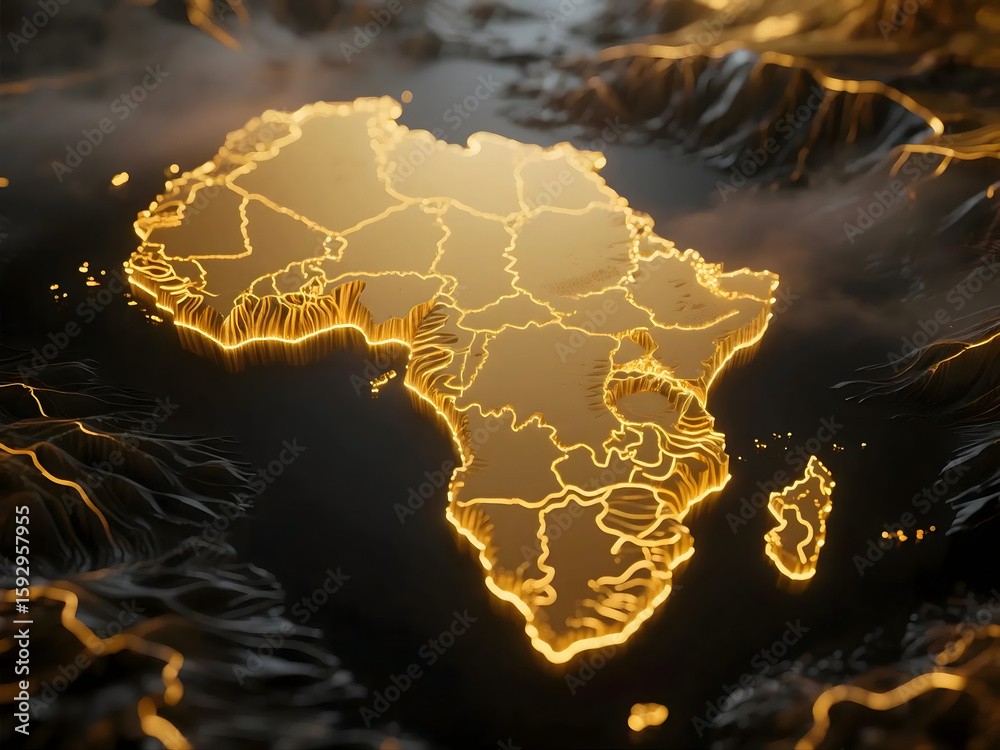 Gold Outline Detailed Africa Continent Glowing Map Illustration Stock ...