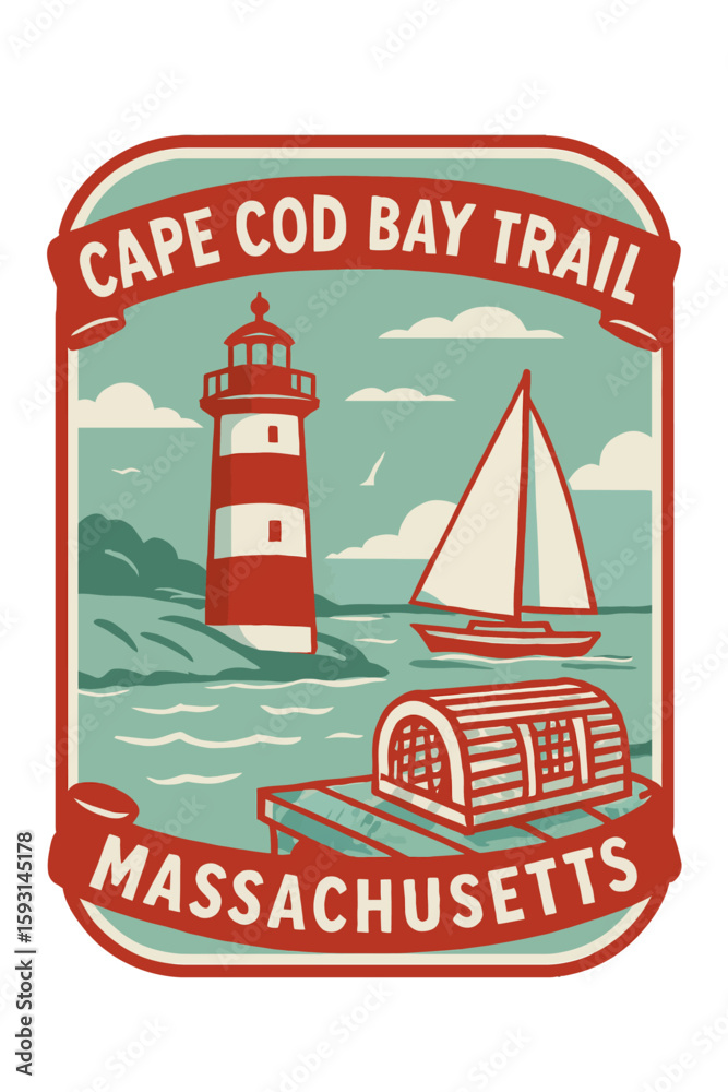 A charming vintage illustration of Cape Cod Bay, featuring a lighthouse ...