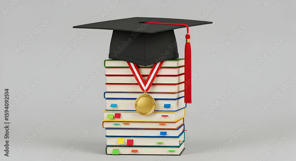 Graduation Cap on Stack of Books with Gold Medal - Education Success の ...
