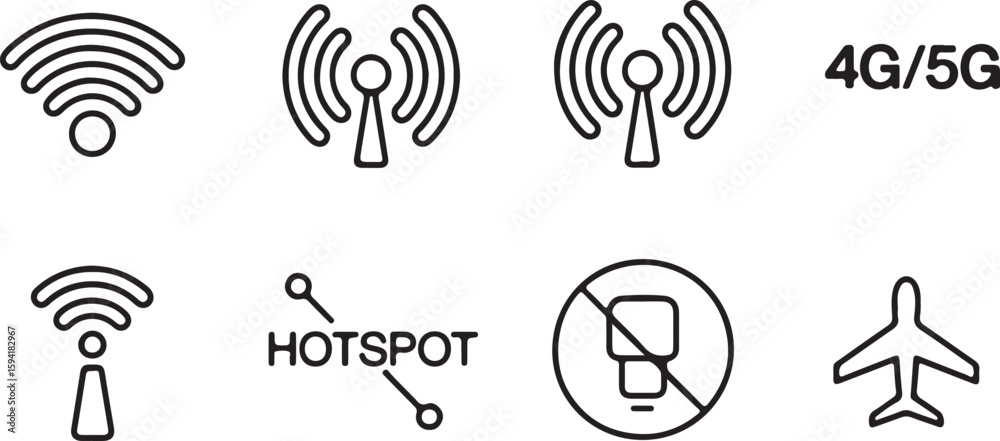 Wireless Connection and Hotspot Icons in Black and White Including ...