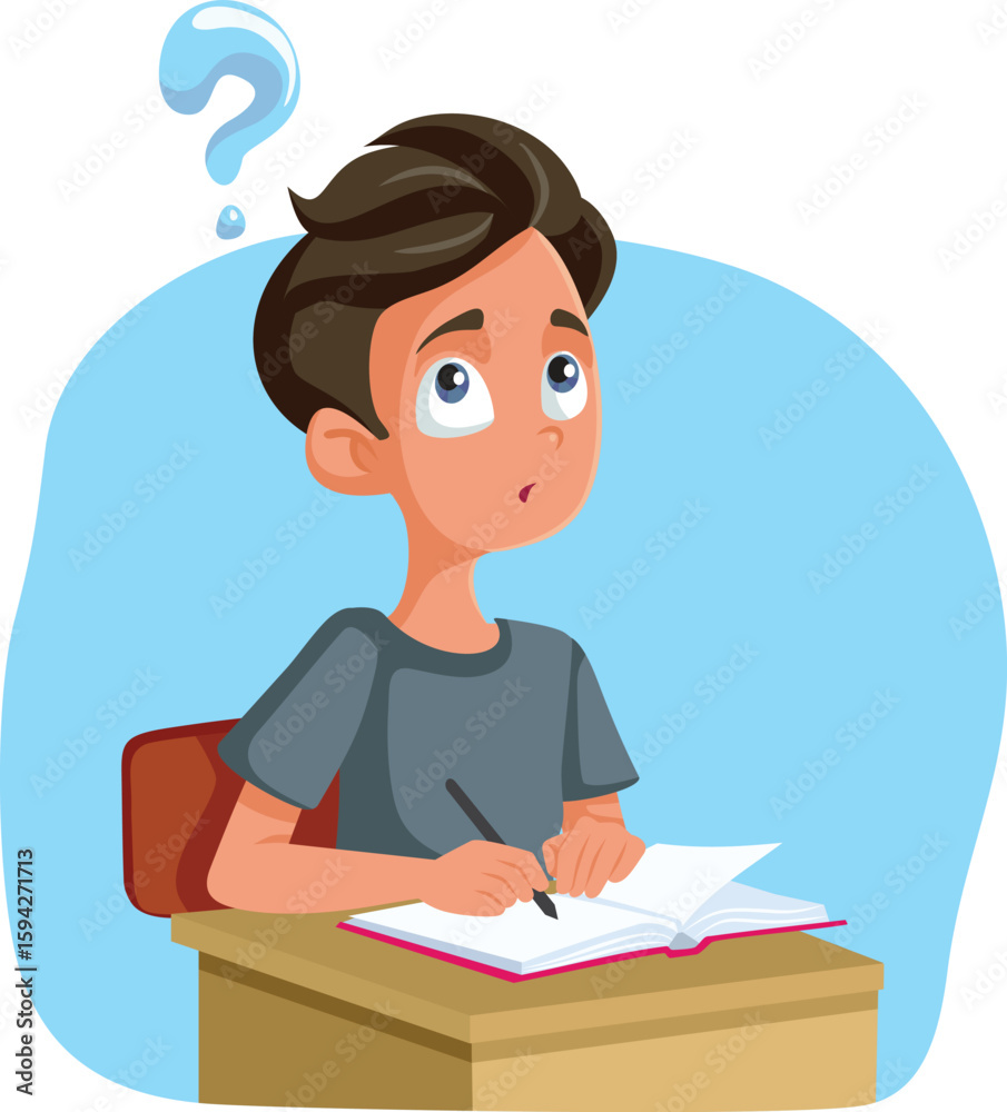 Puzzled Doubtful Student Writing in Class Vector Cartoon. Doubtful teen ...