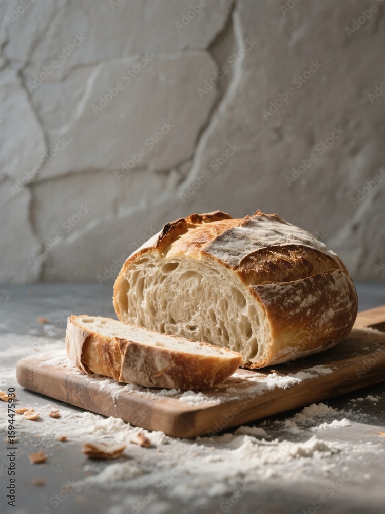 Sourdough bread loaf sliced on rustic board with flour and crumbs, side ...
