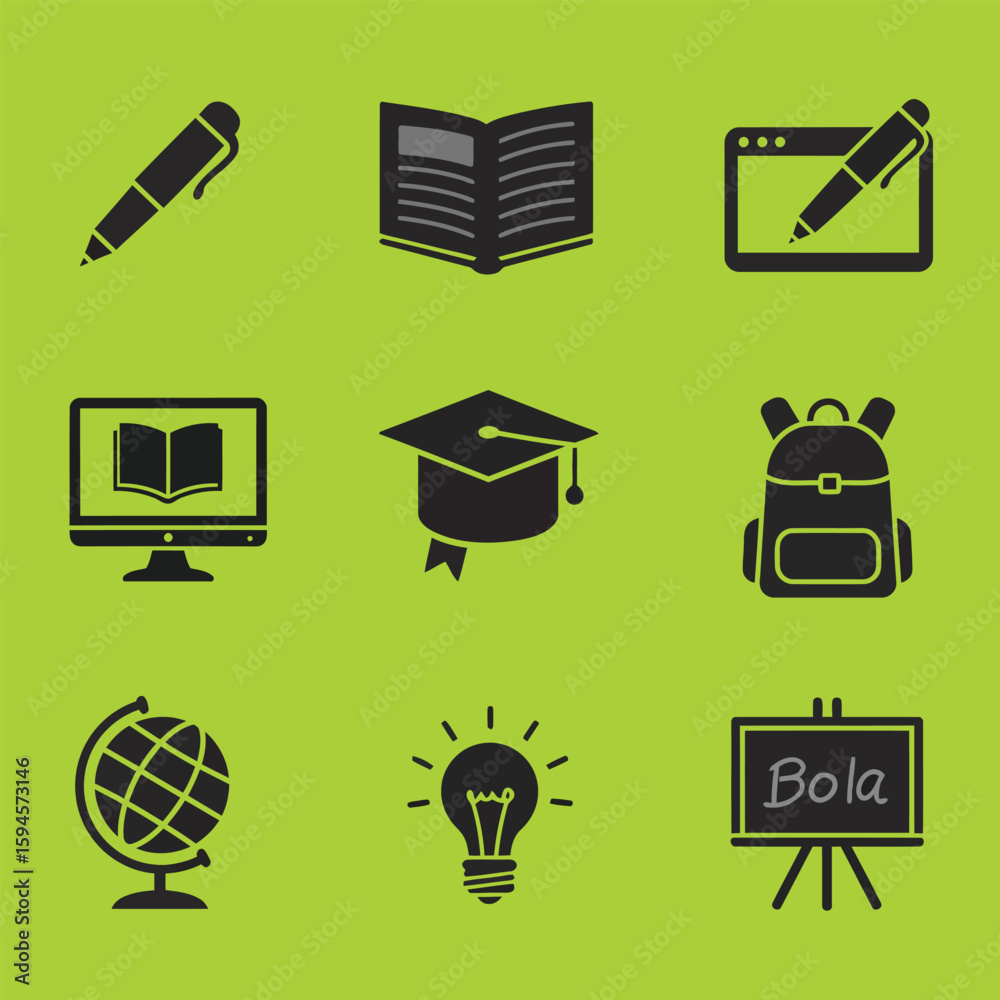 Online Education icons symbolize a thirst for knowledge and the pursuit of wisdom using green ...