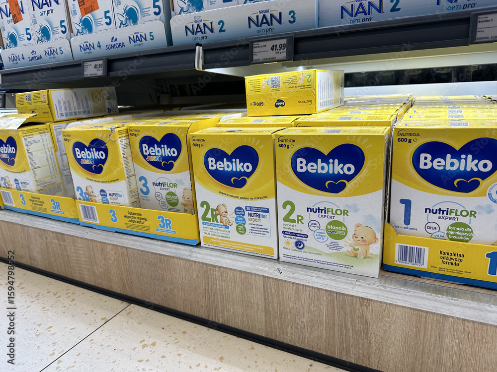 Warsaw, Poland - June 27, 2025: Bebiko baby formula boxes neatly ...